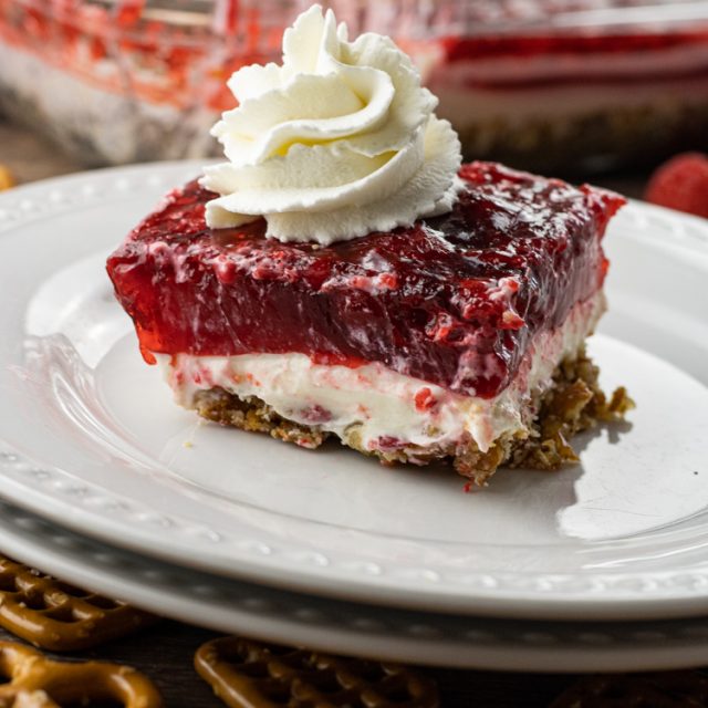 Classic Raspberry Pretzel Salad - Feeding Your Fam