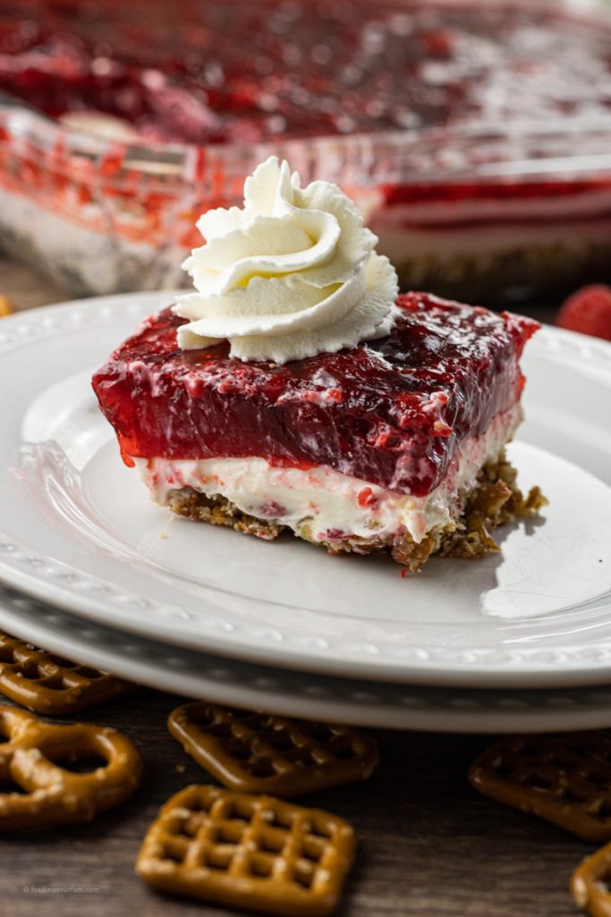 Classic Raspberry Pretzel Salad - Feeding Your Fam