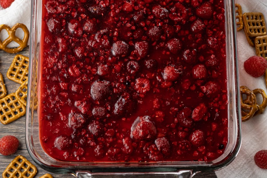 Classic Raspberry Pretzel Salad - Feeding Your Fam